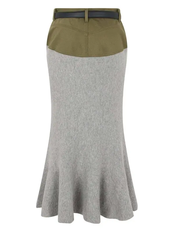 SELF-PORTRAIT Belted Contrast Panel Knitted Skirt - Grey