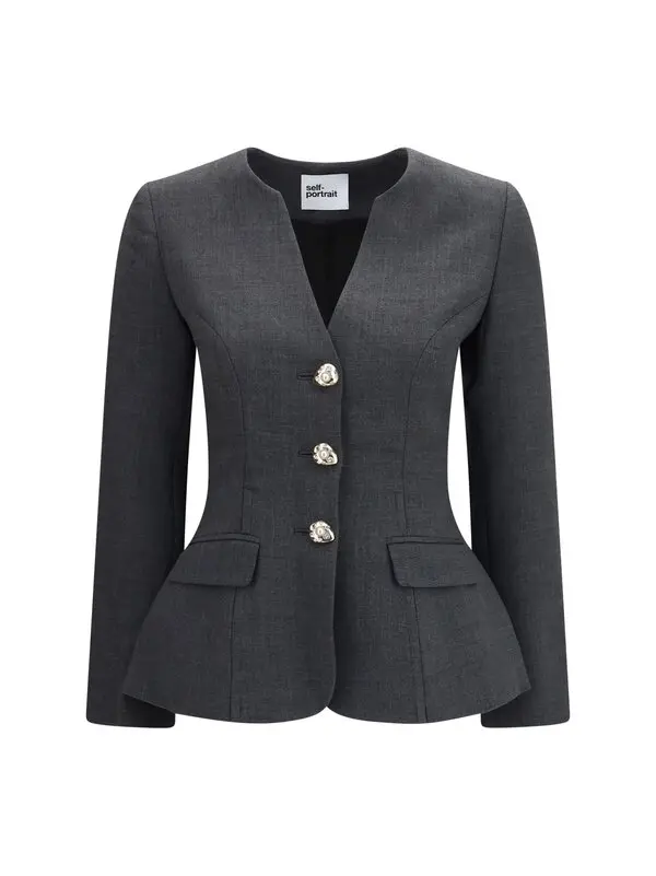 SELF-PORTRAIT Wool Collarless Jacket With Pearl-topped Gold Buttons - Grey
