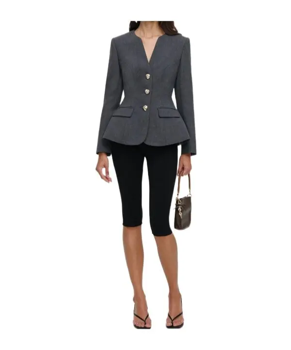 SELF-PORTRAIT Wool Collarless Jacket With Pearl-topped Gold Buttons - Grey