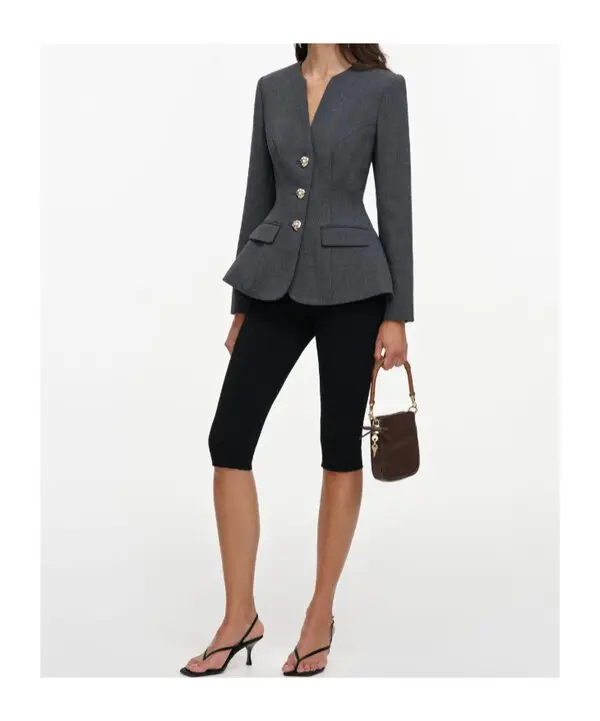 SELF-PORTRAIT Wool Collarless Jacket With Pearl-topped Gold Buttons - Grey