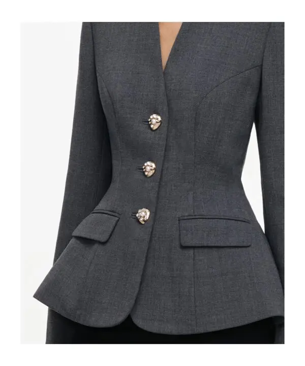 SELF-PORTRAIT Wool Collarless Jacket With Pearl-topped Gold Buttons - Grey