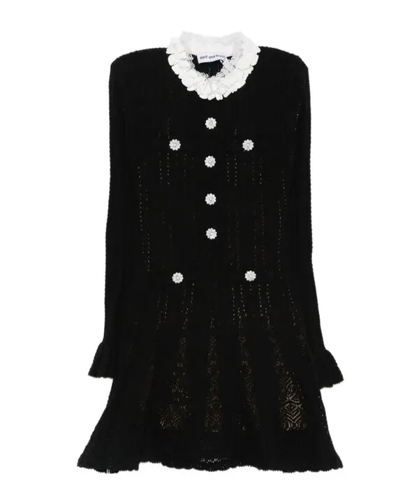 SELF-PORTRAIT Lace Trim Knit Mini Dress - Black