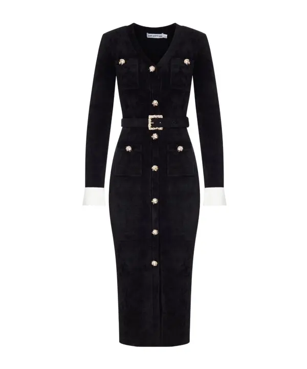 SELF-PORTRAIT Belted Buttoned Midi Dress - Black
