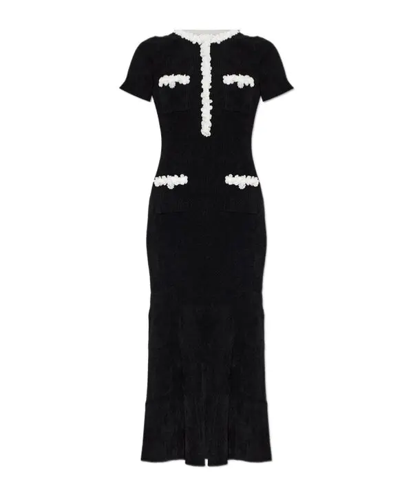 SELF-PORTRAIT Floral-appliqué Ribbed-knit Midi Dress - Black