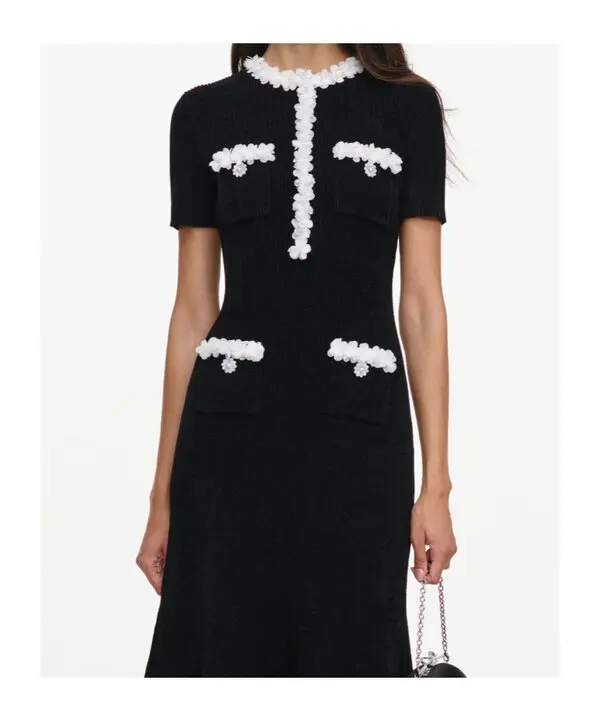 SELF-PORTRAIT Floral-appliqué Ribbed-knit Midi Dress