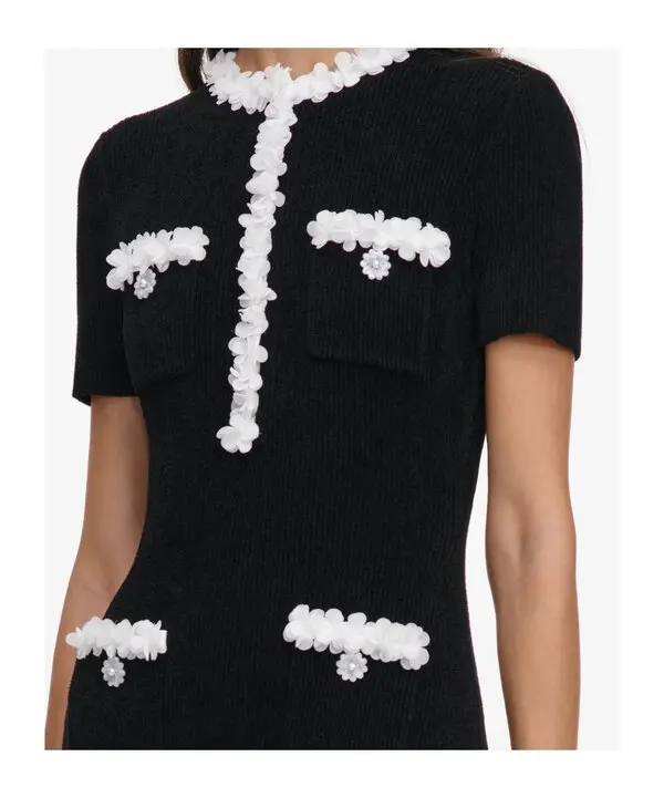SELF-PORTRAIT Floral-appliqué Ribbed-knit Midi Dress