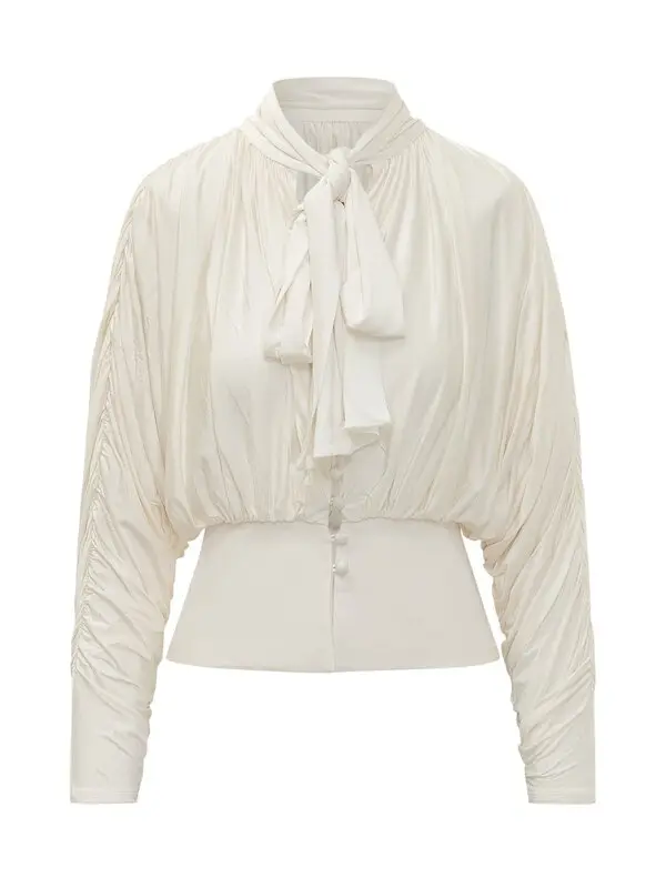 SELF-PORTRAIT Draped Tie-neck Top With Button Closure - Cream