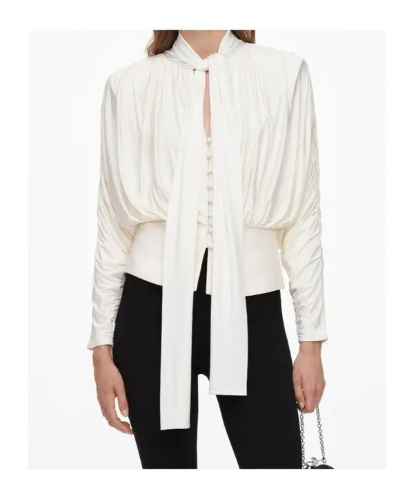 SELF-PORTRAIT Draped Tie-neck Top With Button Closure - Cream