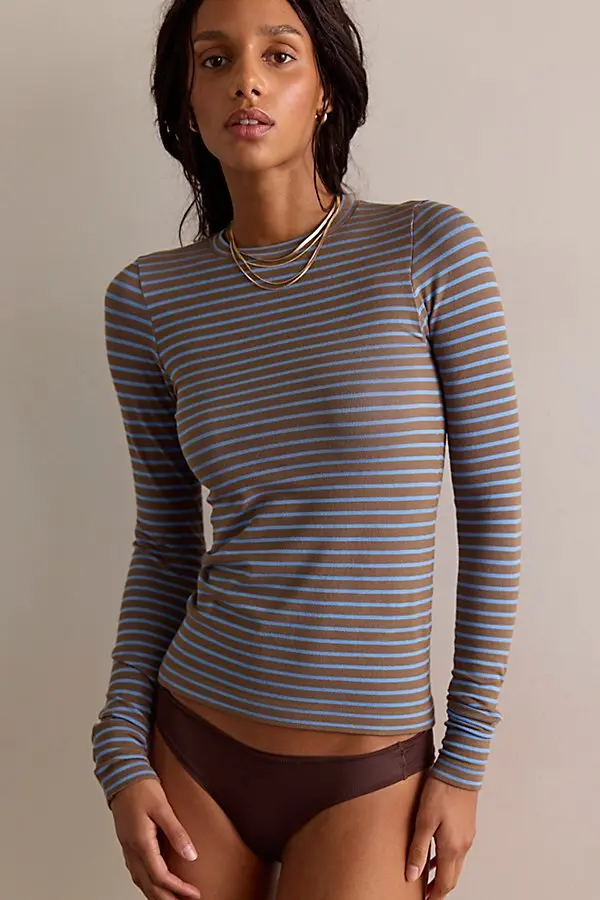 Free People Intimately Just Enough Stripe Crew Neck Long Sleeve Top - Brown