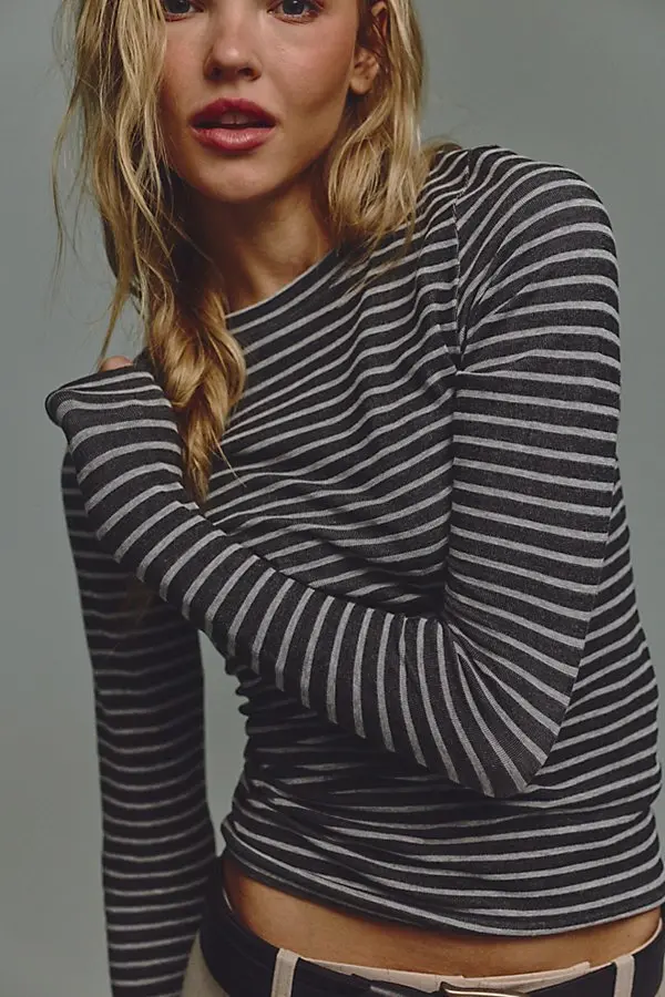 Free People Just Enough Stripe Crew Neck Long Sleeve