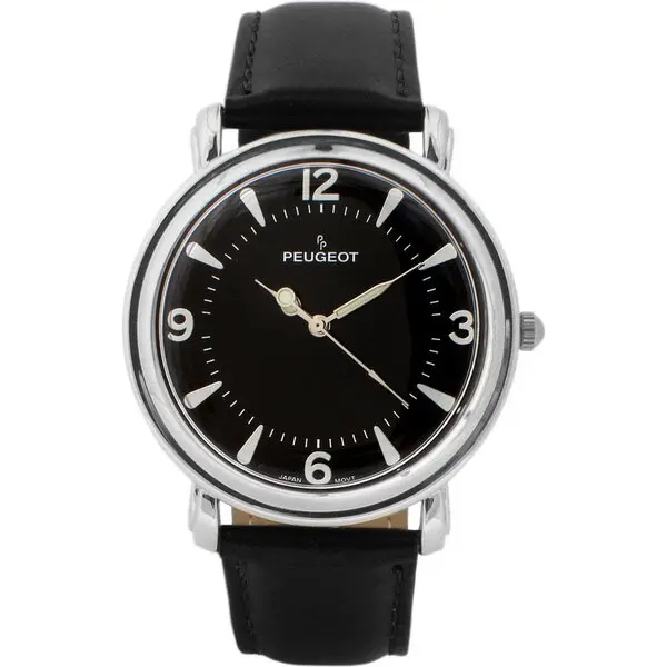 PEUGEOT Round Case Leather Strap Watch - Black