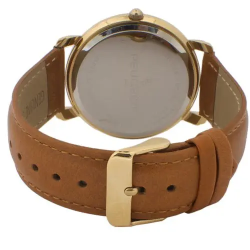 PEUGEOT Round Case Leather Strap Watch - Brown