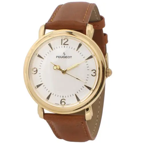 PEUGEOT Round Case Leather Strap Watch - Brown