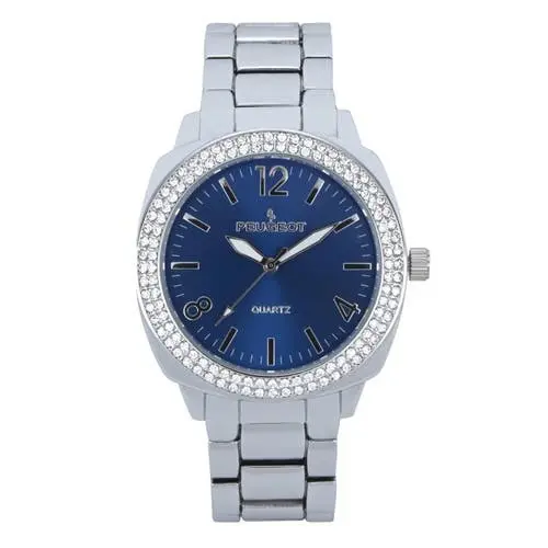 PEUGEOT Round Crystal Bezel Link Bracelet Watch - Blue