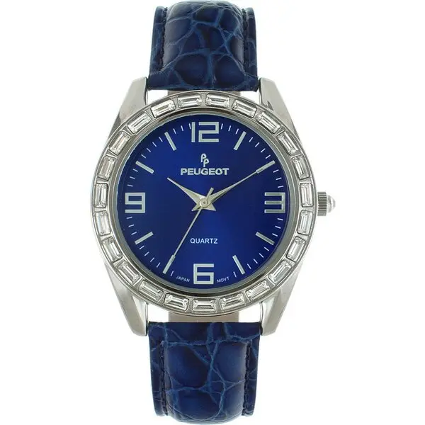 PEUGEOT Round Boyfriend Baguette Crystal Leather Watch- 40mm - Blue