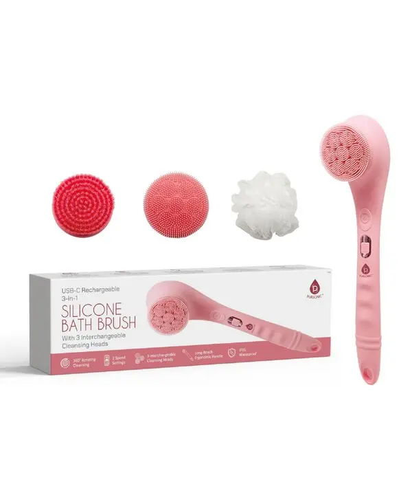 PURSONIC Rechargeable Waterproof Silicone Bath Brush With 3 Interchangeable Brush Heads - Pink