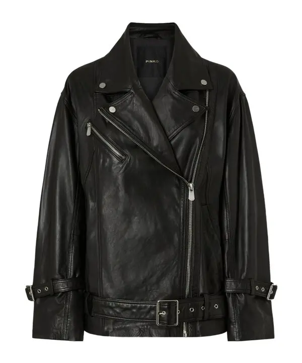 Pinko Belted Leather Biker Jacket - Black