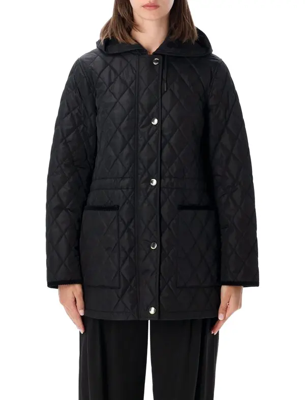 Burberry Quilted Nylon Parka Jacket With Drawstring Waist And Hood - Black/sand Ip Check