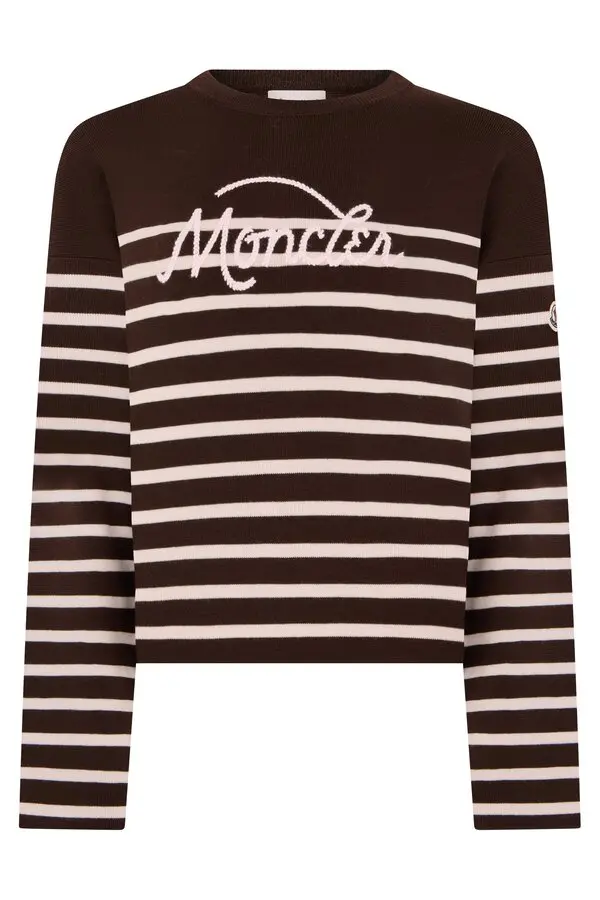 Moncler Inspired Long Sleeve Striped Wool Sweater With Logo - Brown