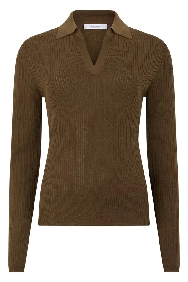 Max Mara Long-sleeve Polo Sweater In Silk-cashmere Blend - Brown