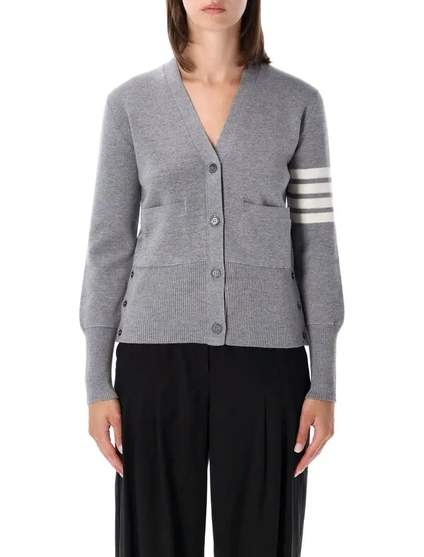 Thom Browne 4-bar Merino Wool V-neck Cardigan With Grosgrain Trim - Grigio