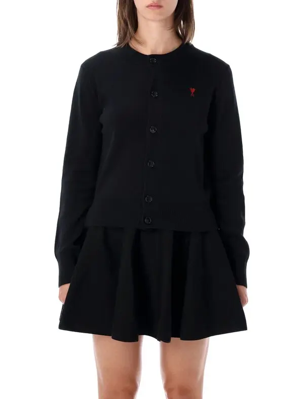 AMI Paris Merino Wool Cardigan With Embroidered Of Coeur - Nero