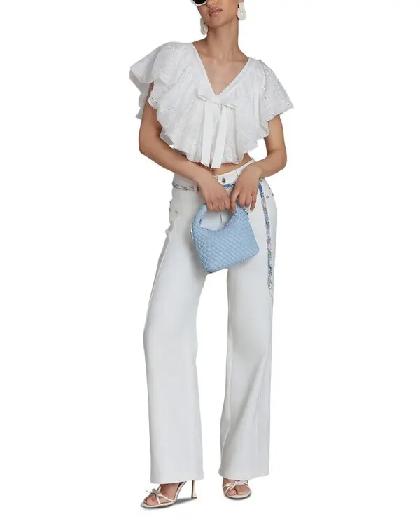 Avec Les Filles Embroidered Ruffle V Neck Crop Top