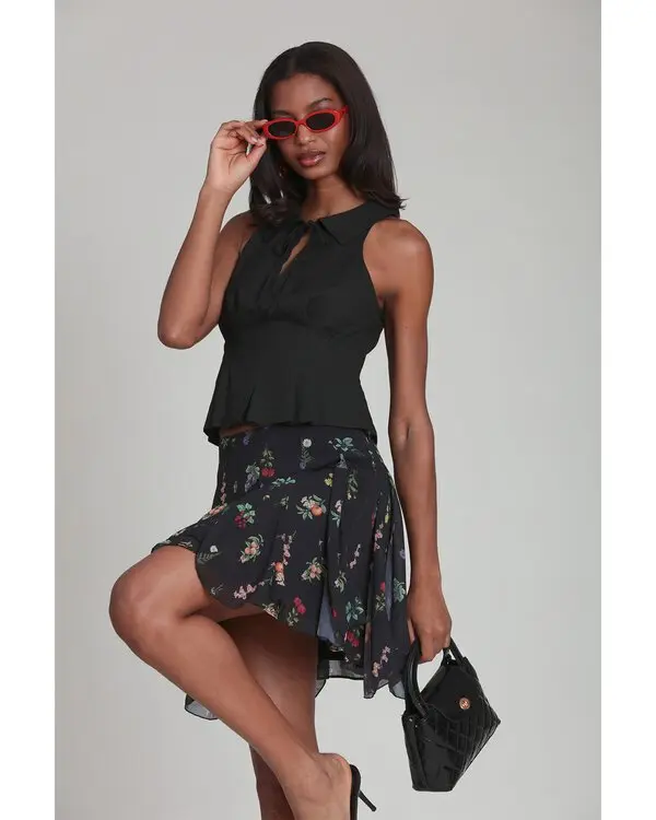 Avec Les Filles Floral Chiffon Bias Ruffle Mini Skirt