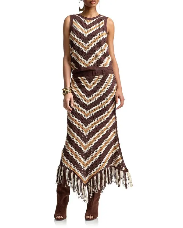 Avec Les Filles Chevron Crochet Maxi Skirt With Fringe