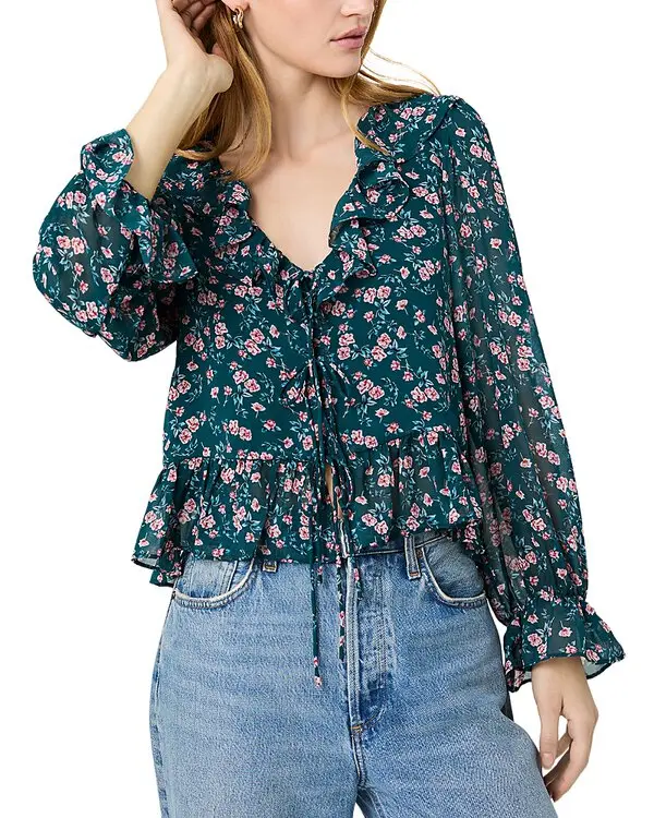 French Connection Marina Lucia Floral Ruffle Trim Top - Deep Teal Multi