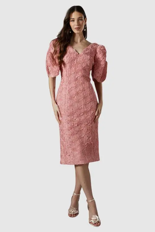 Coast Floral Pleated Puff Sleeve Pencil Dress - Blush