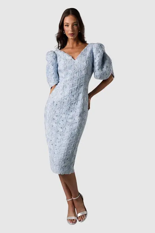 Coast Floral Pleated Puff Sleeve Pencil Dress - Pale Blue