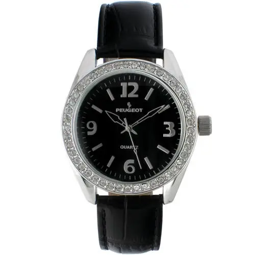 PEUGEOT Round Crystal Accented Bezel Leather Watch40mm - Black
