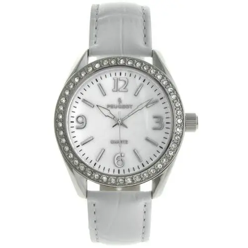PEUGEOT Round Crystal Accented Bezel Leather Watch40mm - White
