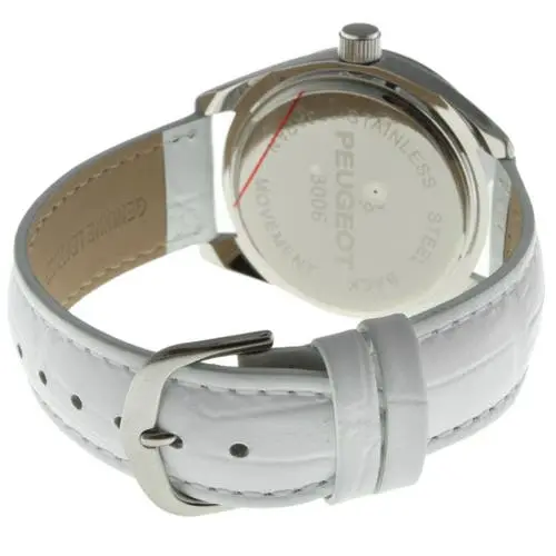 PEUGEOT Round Crystal Bezel Leather Watch - White