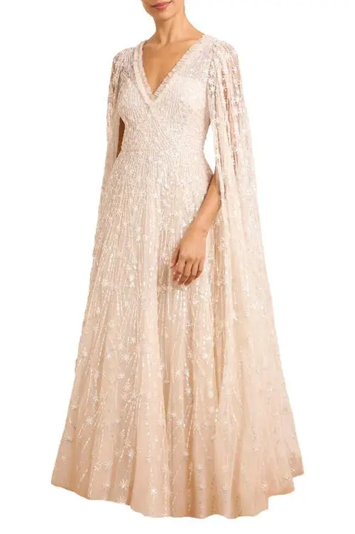 NEEDLE & THREAD Comet Embellished Cape V-neck Maxi Dress - Cream