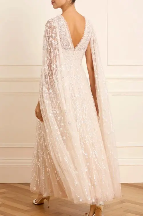 NEEDLE & THREAD Comet Embellished Cape V-neck Maxi Dress