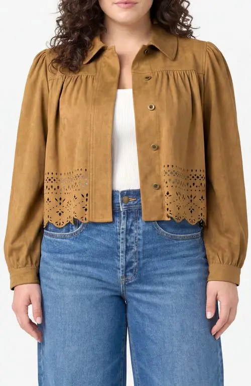 LIVERPOOL Cropped Puff Sleeve Laser Cutout Jacket - Caramel