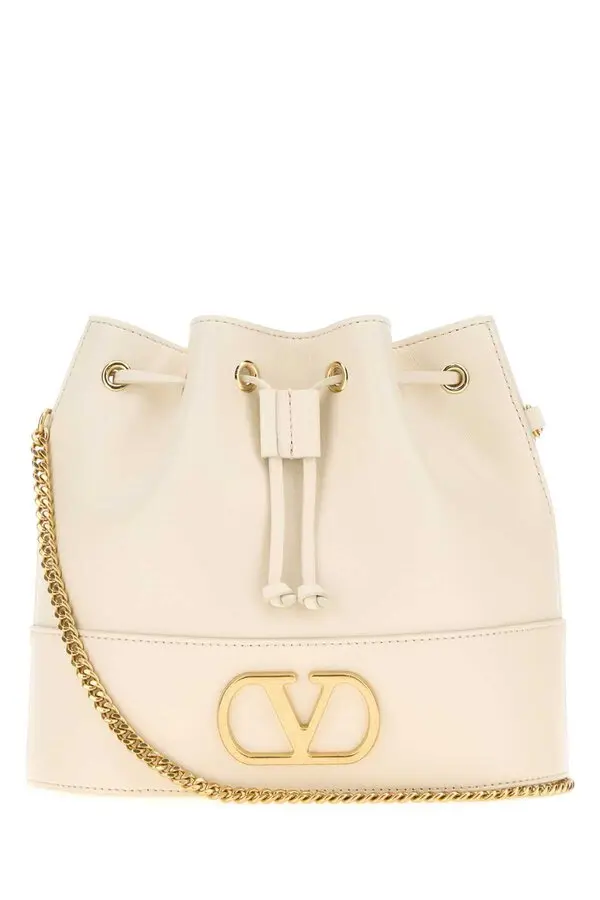 Valentino Garavani Ivory Leather Vlogo Signature Bucket Bag - White