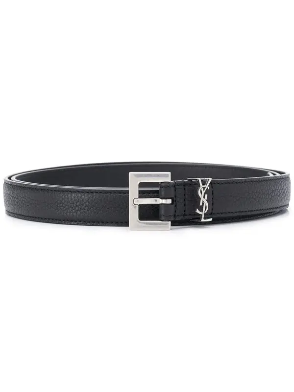 Saint Laurent Grained Leather Cassandre Thin Belt With Square Buckle - Black