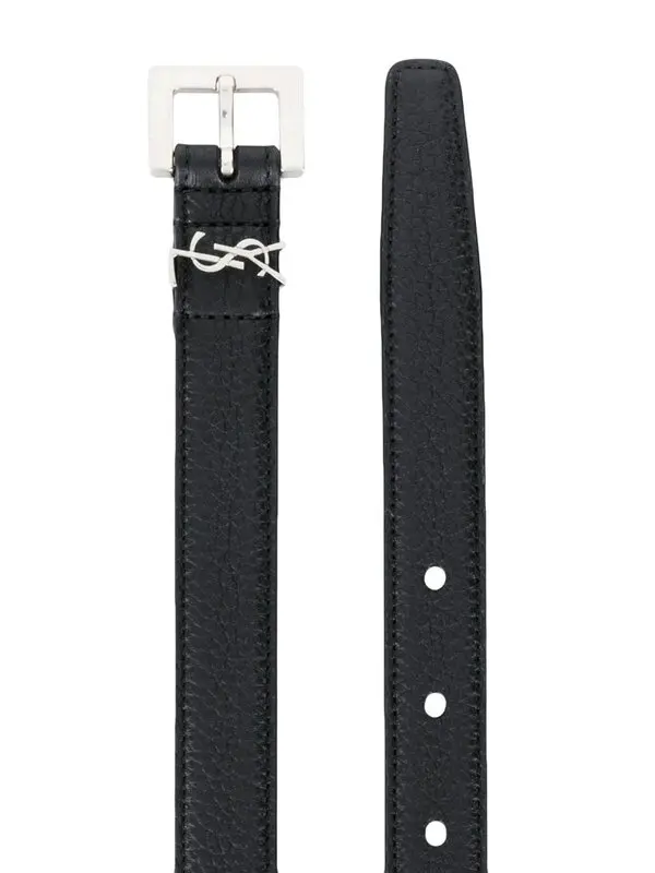 Saint Laurent Grained Leather Cassandre Thin Belt With Square Buckle