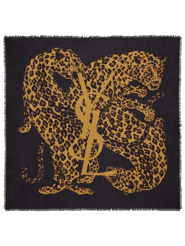 Saint Laurent Cassandre Leopard Square Scarf In Wool Twill - Black