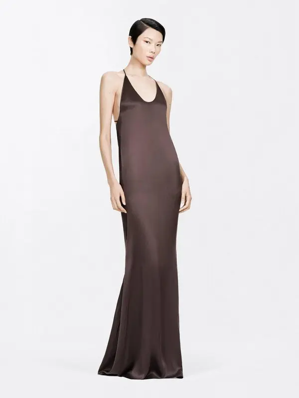 TOM FORD Peach-feel Silk Satin Halterneck Evening Dress - Brown