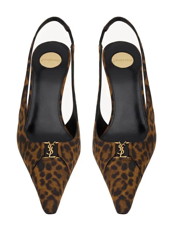 Saint Laurent Babylone Bretuil Slingback Pumps In Leopard Grosgrain - Brown