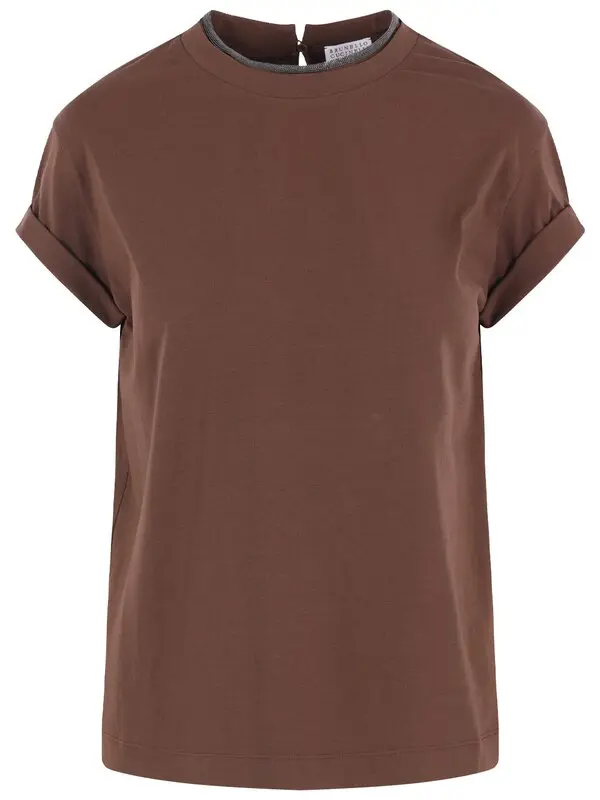 Brunello Cucinelli Stretch Cotton Jersey T-shirt With Precious Faux Layering - Brown