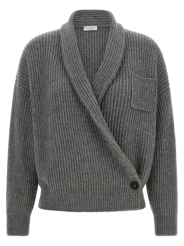 Brunello Cucinelli Cashmere Silk Blend Wrap Cardigan With Micro Sequins - Gray