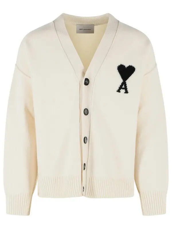 AMI Paris Virgin Wool V-neck Cardigan - Cream