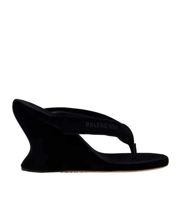 Balenciaga Gaeta Velvet Wedge Thong Sandals - Black