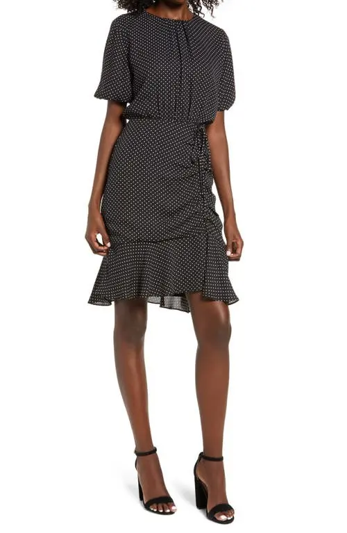 Sam Edelman Ruched Polka Dot Dress - Black/white