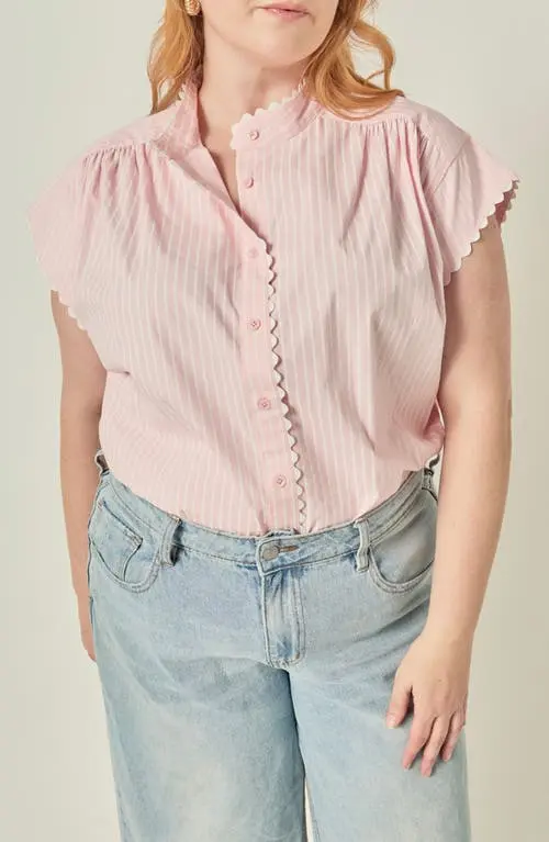 English Factory Ric Rac Scalloped Short Sleeve Cotton Blouse - Pink